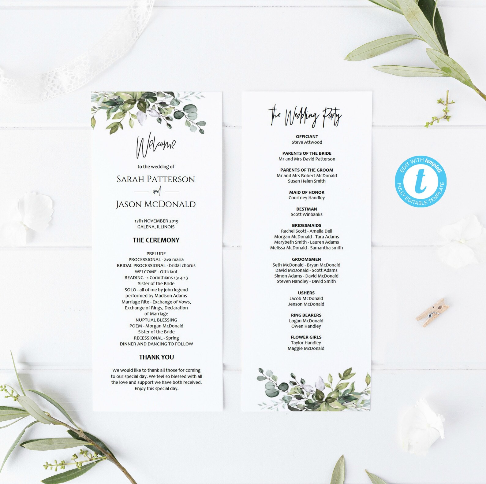 Greenery Wedding Program Printable Wedding Ceremony Program | Etsy