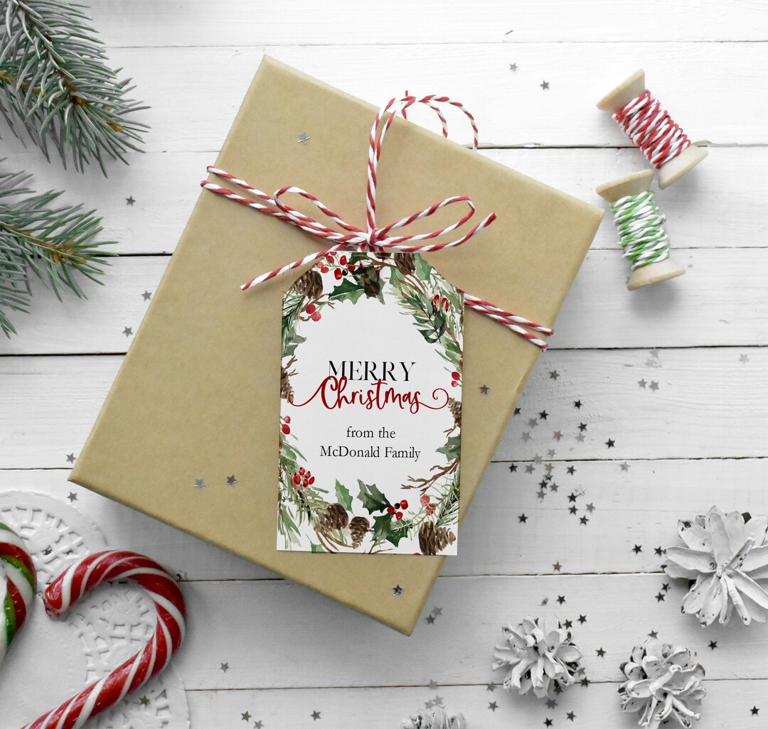 Christmas Wreath Tag Template, Rustic Christmas Gift Tags, Personalized ...