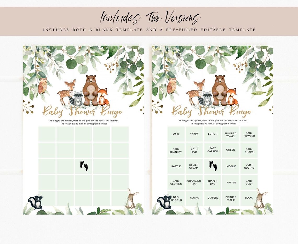 Woodland Baby Bingo, Woodland Baby Shower Game, Printable Bingo Cards ...