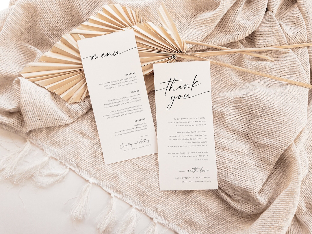 Modern Menu and Thank You Card, Wedding Menu Card, Napkin Note Thank ...