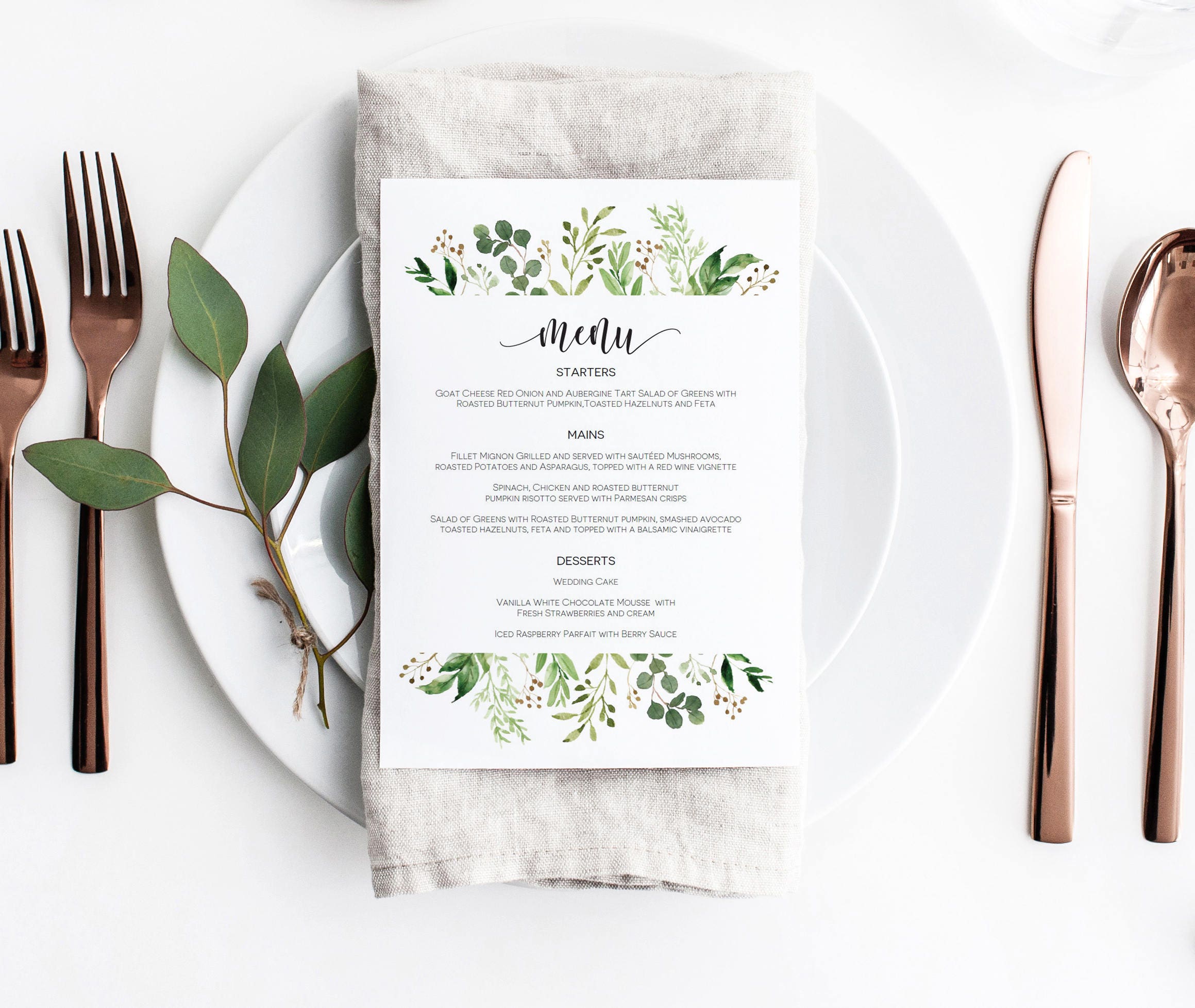 Greenery Menu Card Template 5x7 Eucalyptus Menu Printable | Etsy