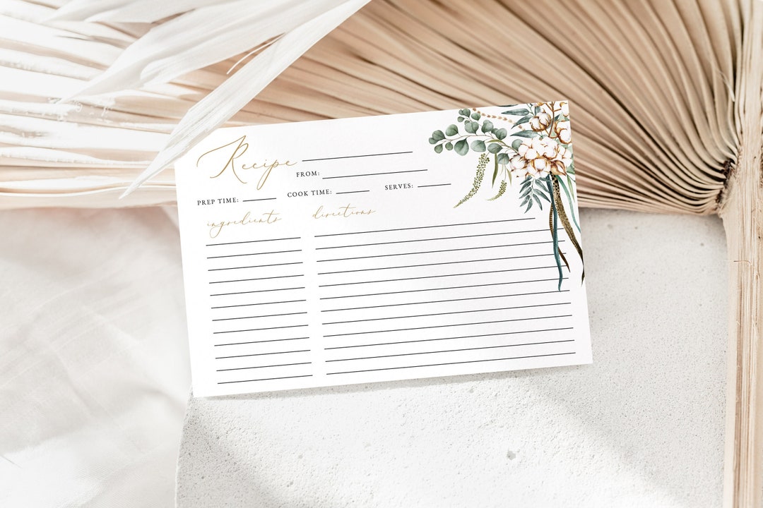 Boho Recipe Card, Printable Recipe Card, Greenery Recipe Template ...