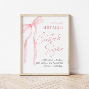 Pink Bow Custom Editable Signs, (portrait and Landscape), Bow Editable ...