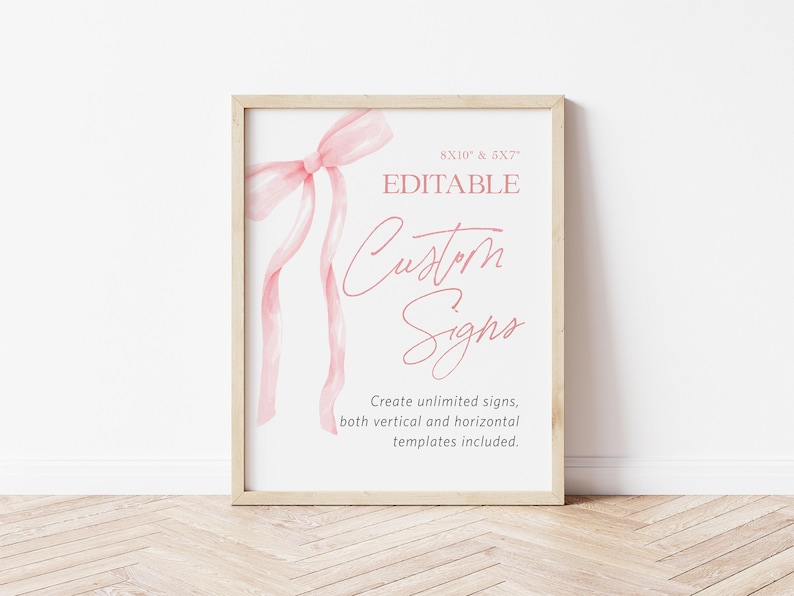 Pink Bow Custom Editable Signs, (portrait and Landscape), Bow Editable ...