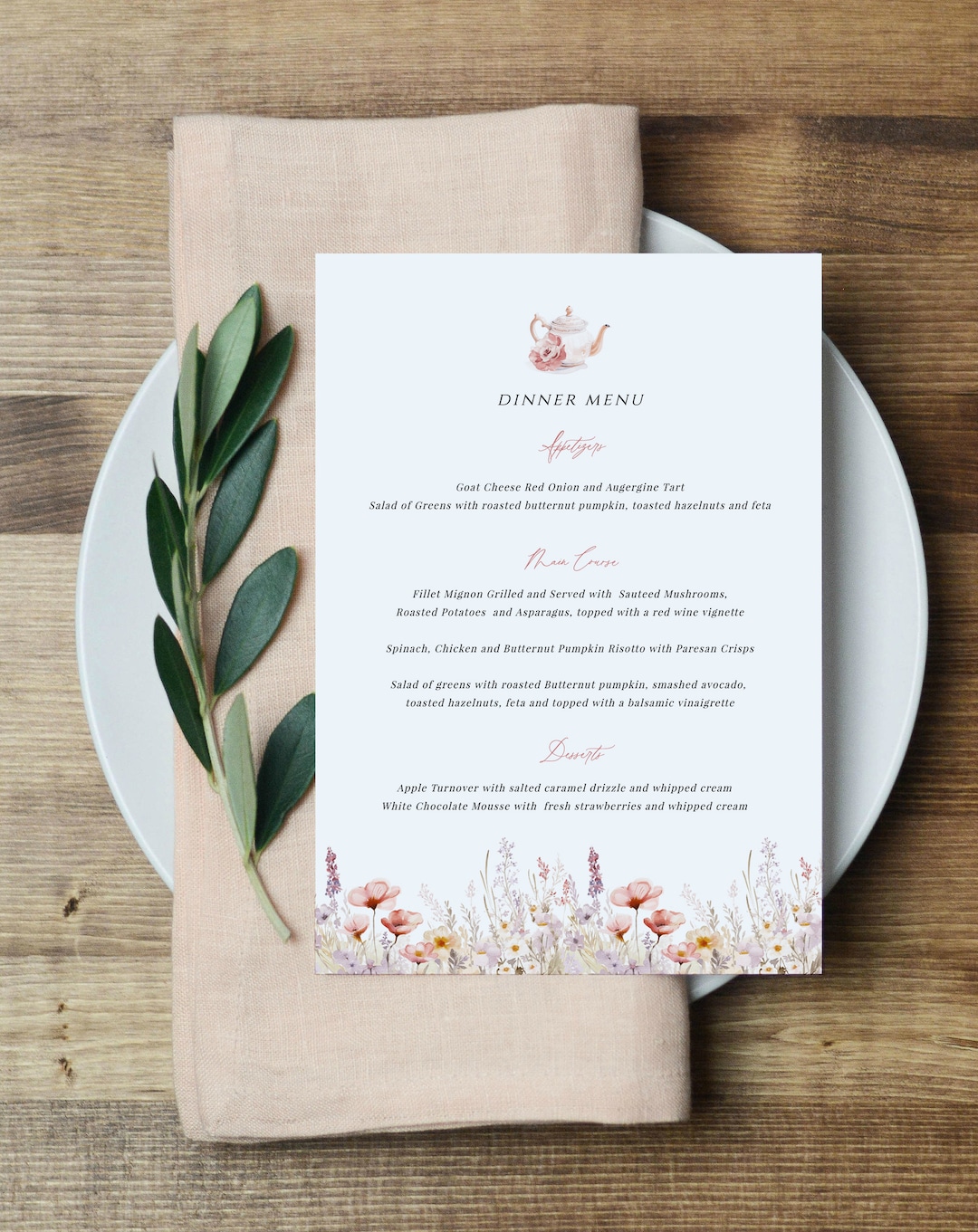 Tea Party Menu Template, Printable Menu Card, Wildflower Tea Party Menu ...