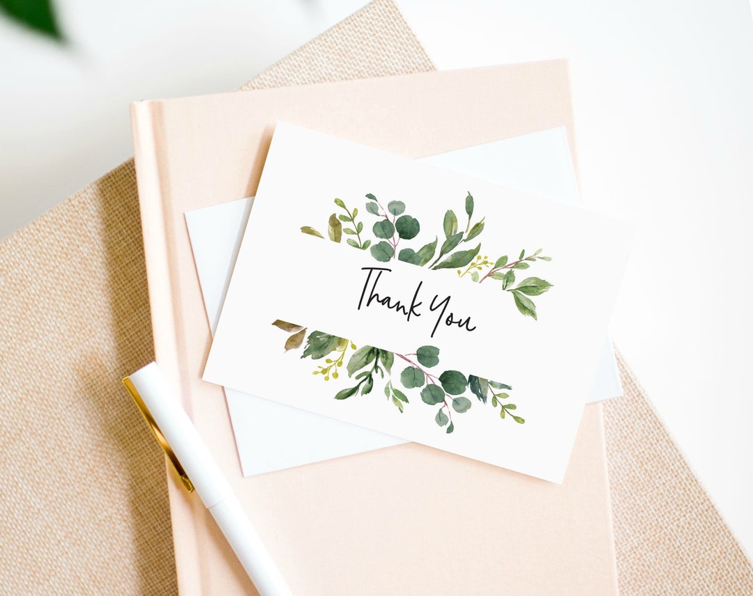 Greenery Thank You Card Template, Thank You Printable, Green Leaves ...