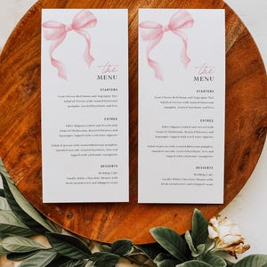 Bow Menu Card, Pink Bow Menu Template, Instant Download, Coquette ...