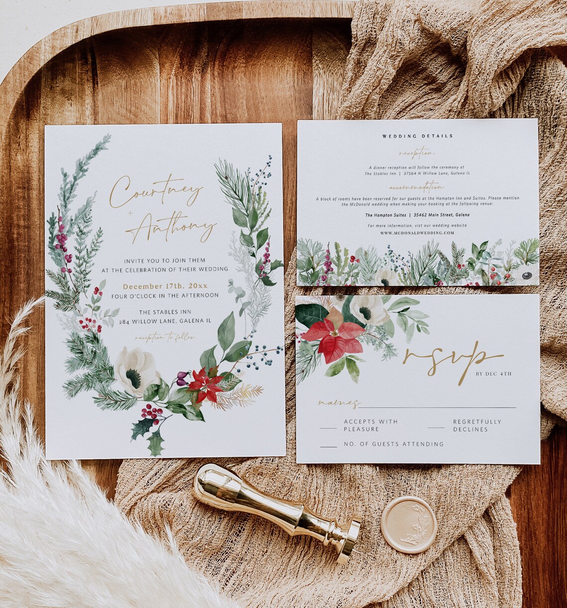 Christmas Wedding Invitation Bundle, Wreath Wedding Invitation, Holiday ...