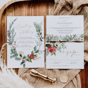 Christmas Wedding Invitation Bundle, Wreath Wedding Invitation, Holiday ...