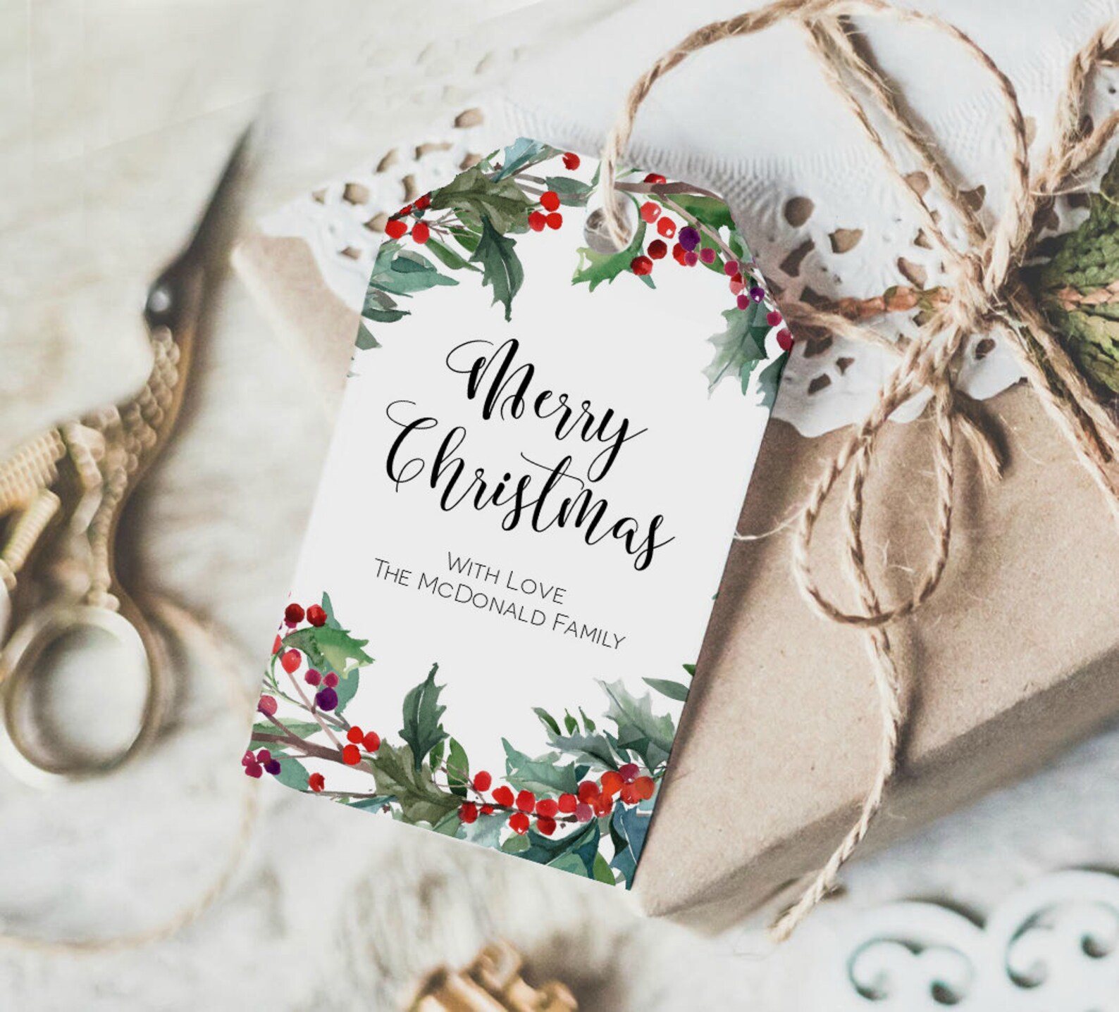 Christmas Wreath Tag Template Holly Christmas Gift Tags - Etsy