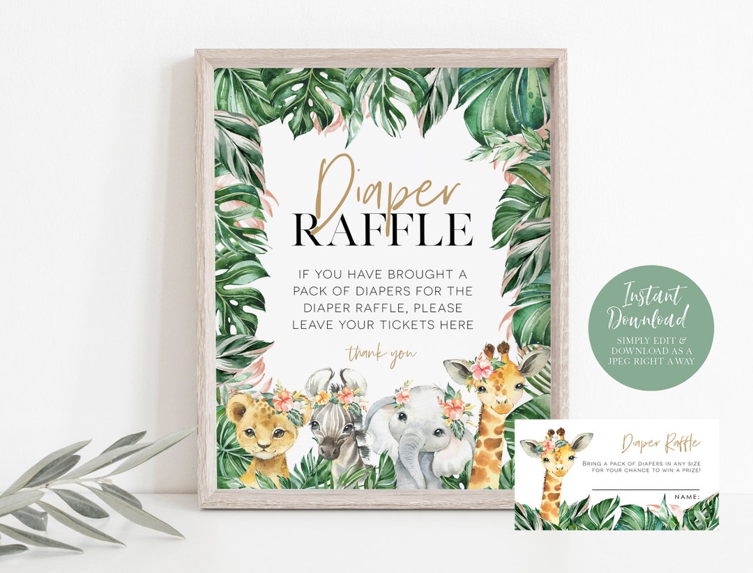 Jungle Diaper Raffle Sign, Floral Safari Diaper Raffle Cards, Diaper ...