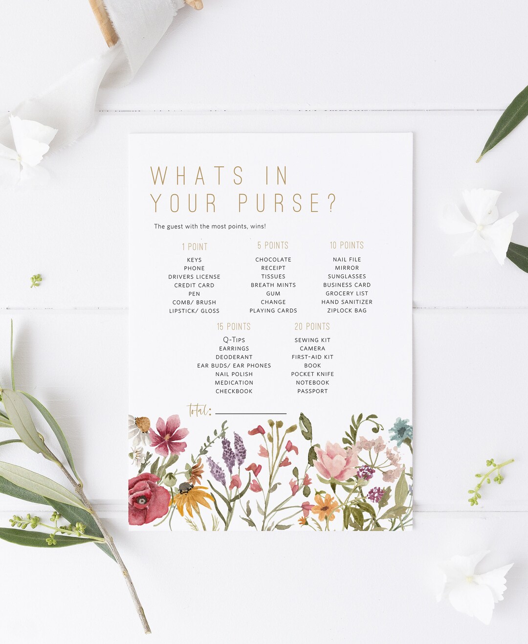 Wildflower What's in Your Purse Game, Printable Bridal Shower Game ...