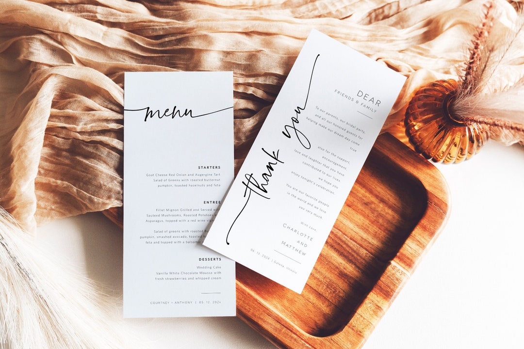 Modern Menu and Thank You Card, Wedding Menu Card, Napkin Note Thank ...