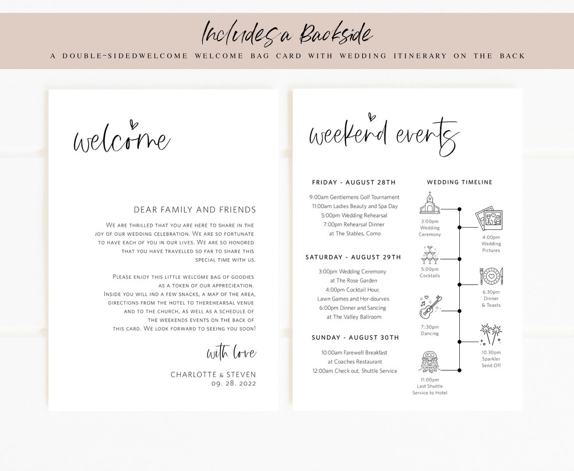 Welcome Letter & Timeline Card Modern Wedding Order of | Etsy