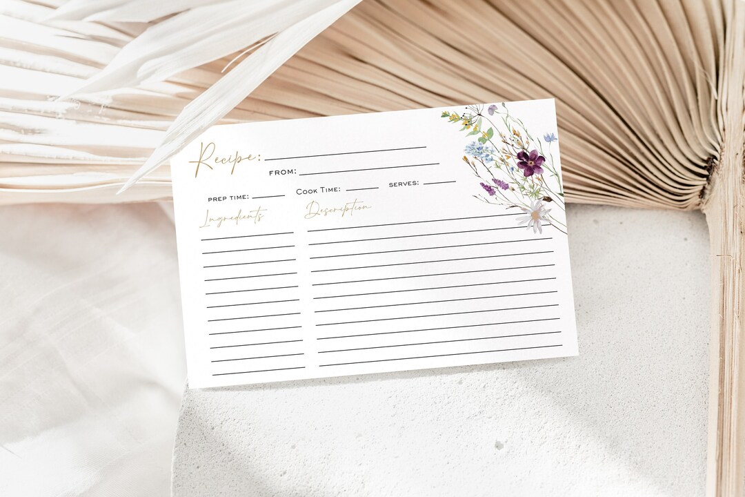 Wildflower Recipe Card, Printable Recipe Card, Floral Recipe Template ...