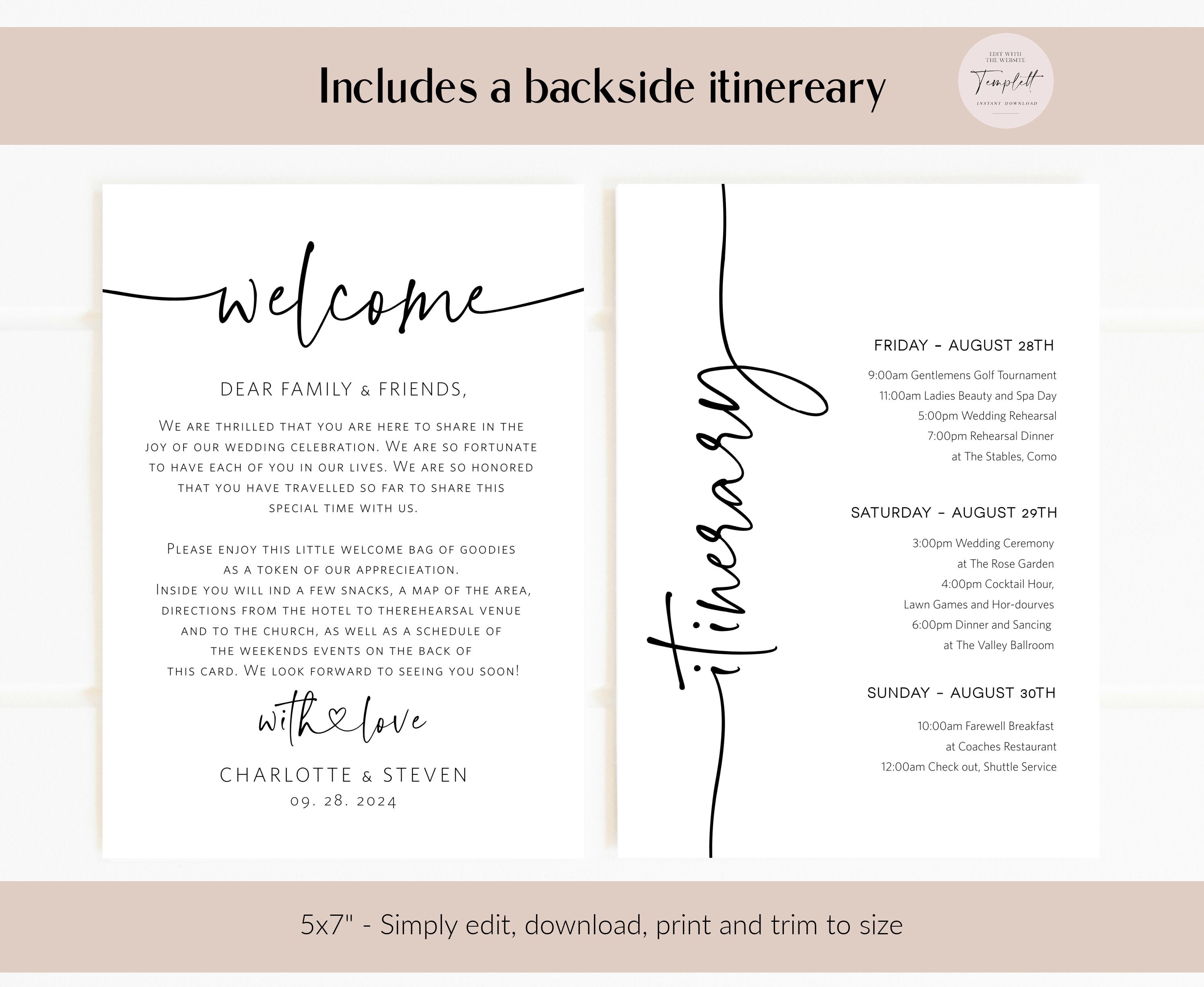 Welcome Letter & Timeline Card Minimalist Wedding Order of - Etsy Canada