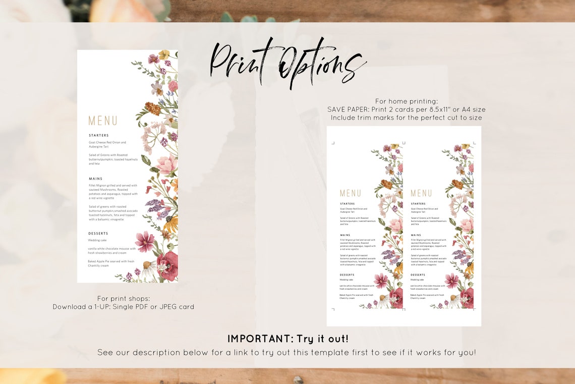 Wildflower Menu Card Floral Menu Template Wedding Menu | Etsy