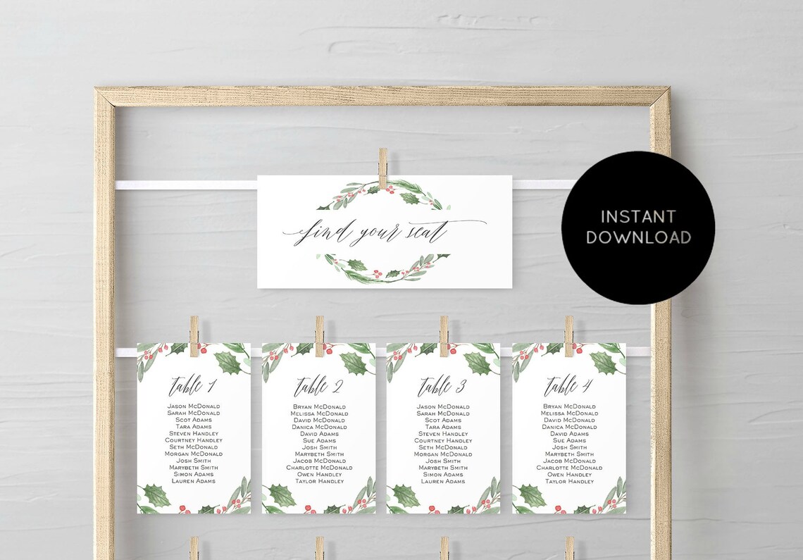 Christmas Table Seating Chart Printable Holly Christmas - Etsy