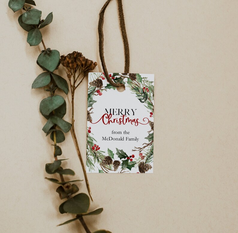 Christmas Wreath Tag Template, Rustic Christmas Gift Tags, Personalized ...