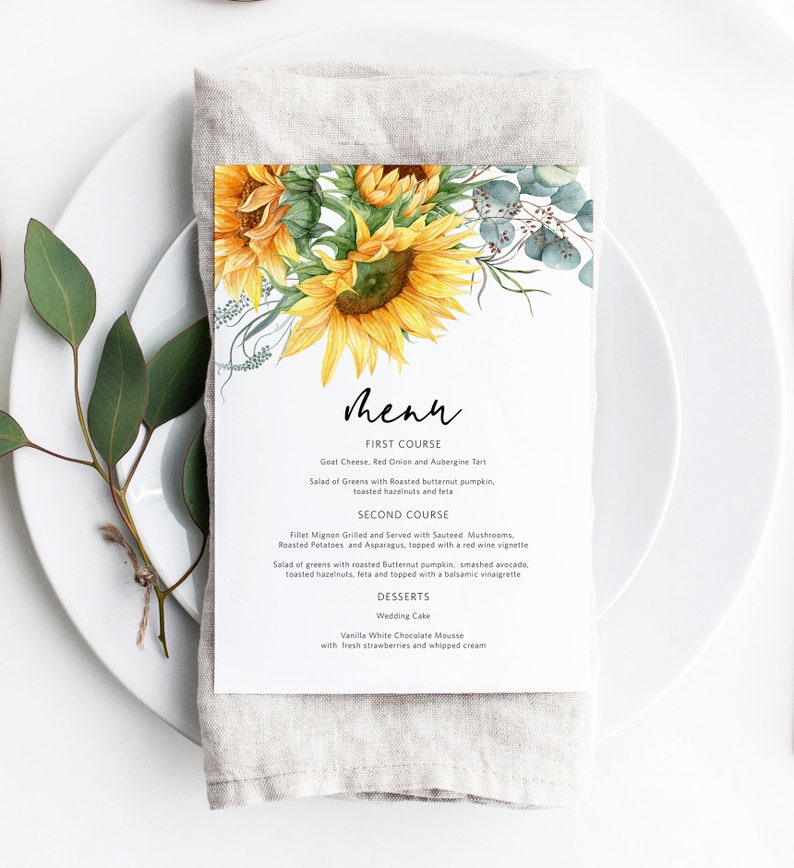 Sunflower Menu Template Fall Menu Card Printable Menu 5x7 - Etsy