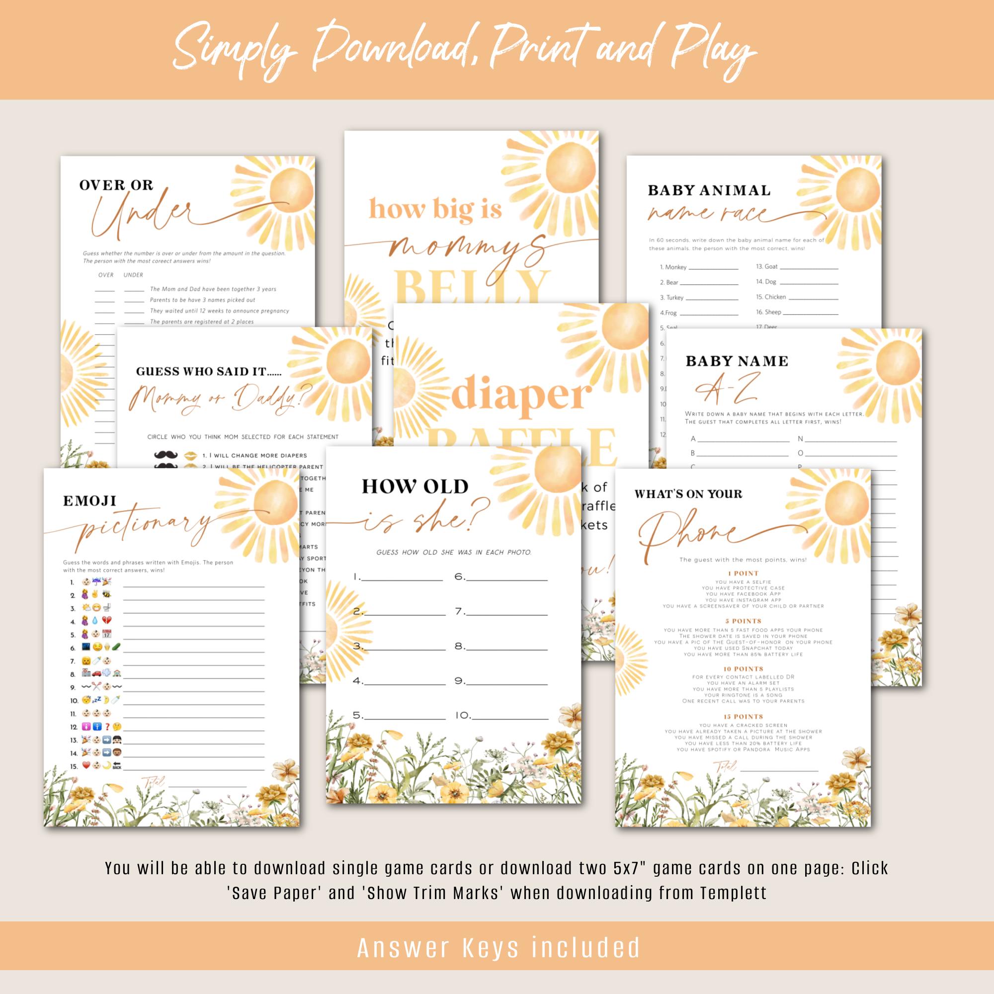 Sunshine Baby Shower Game Bundle, Baby Shower Games, Sun Baby Games ...