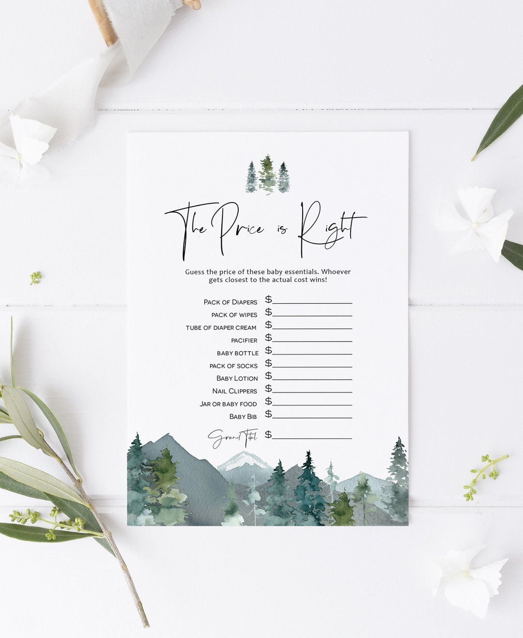 Mountain Price is Right Game, Pine Baby Shower Game, Printable the ...