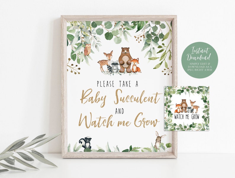 Woodland Watch Me Grow Sign Template, Succulent Favor Tag Template ...