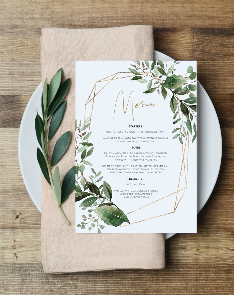 Greenery Menu Template Geometric Menu Card 5x7 Wedding - Etsy