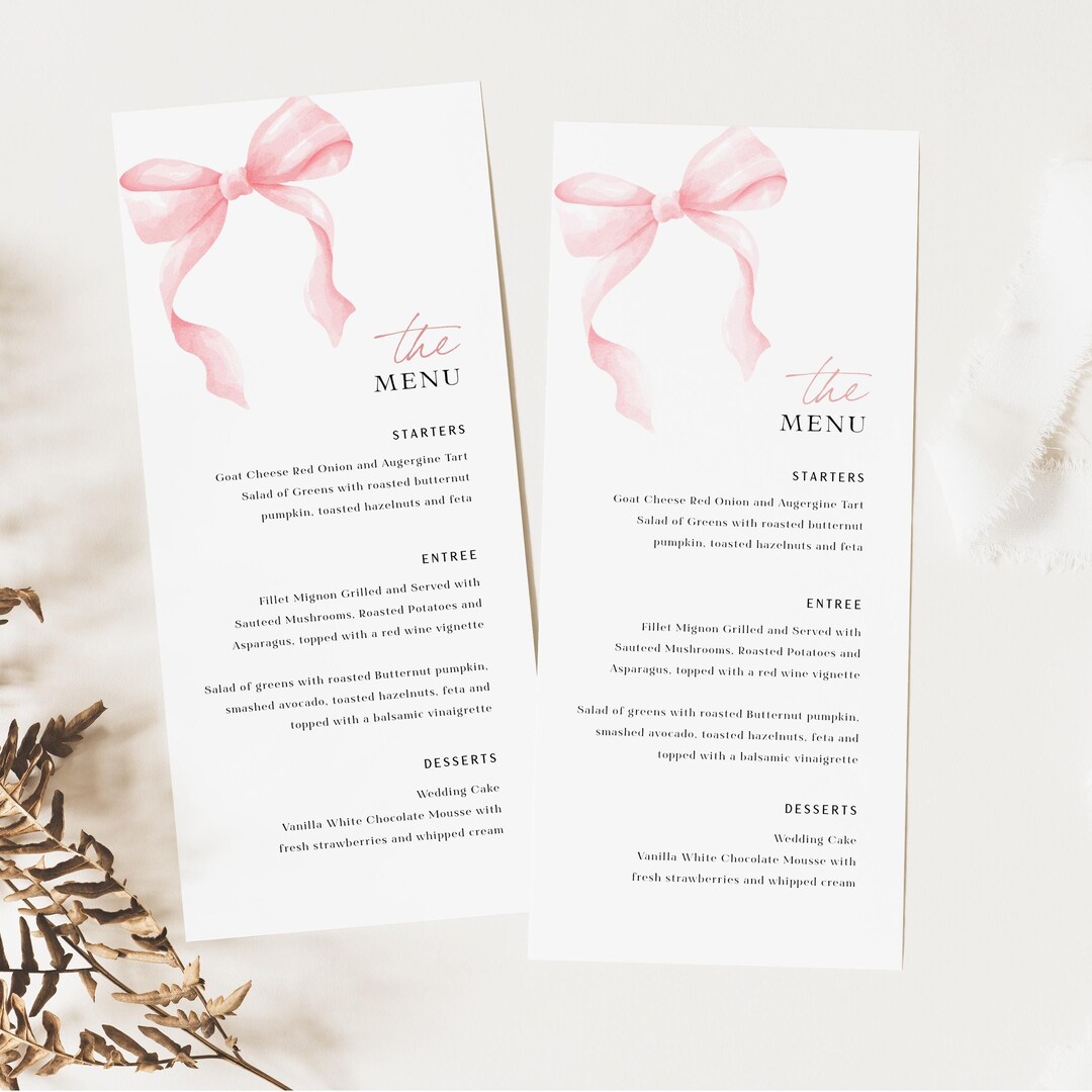 Bow Menu Card, Pink Bow Menu Template, Instant Download, Coquette ...
