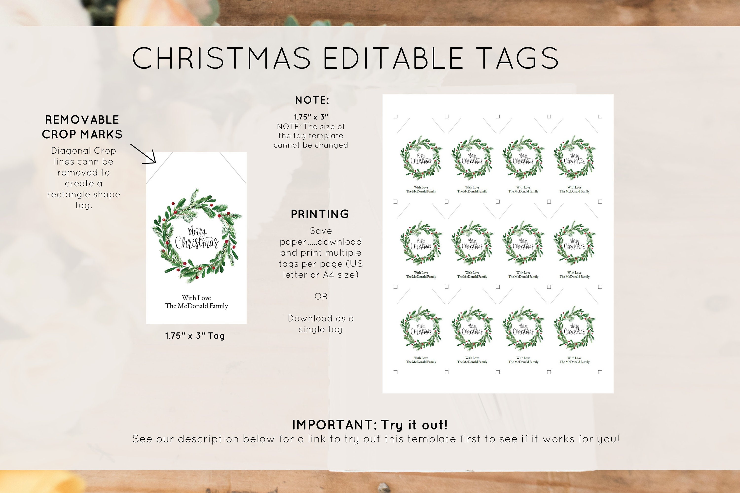 Christmas Wreath Tag Template, Rustic Christmas Gift Tags, Personalized ...