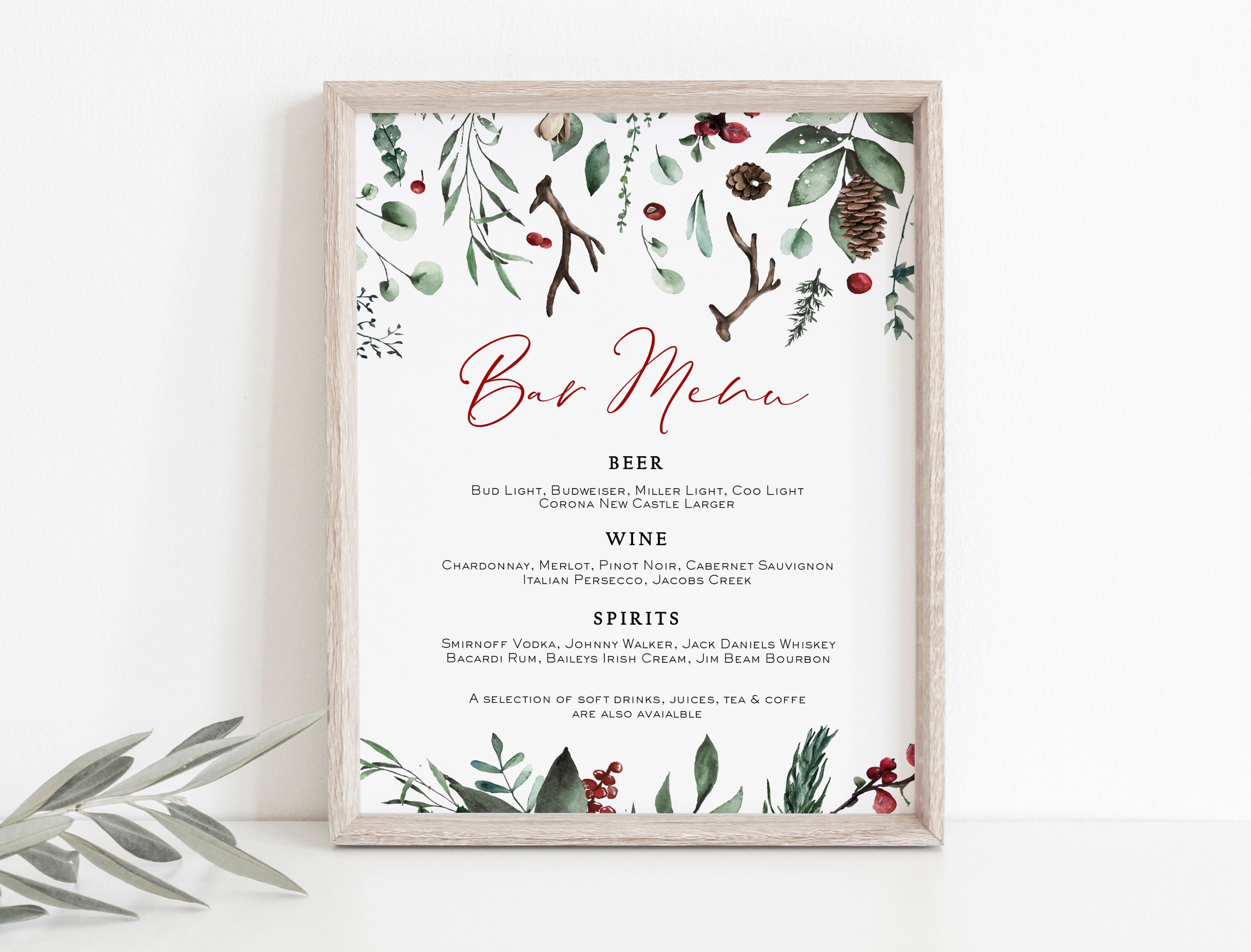 Christmas Bar Menu Sign, Greenery Bar Sign Template, Printable Bar Menu ...