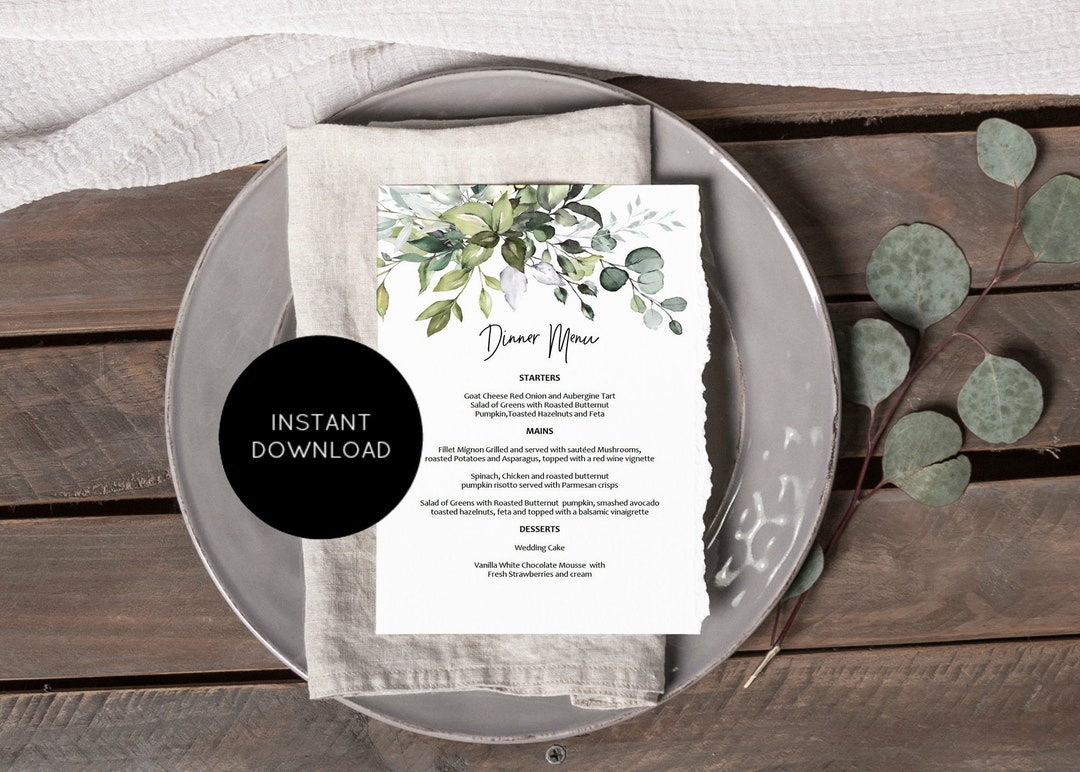 Greenery Menu Template, Menu Card, Printable Menu, 5x7 Instant Download ...