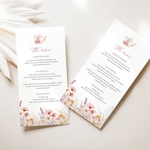 Tea Party Menu Template, Printable Menu Card, Wildflower Tea Party Menu ...
