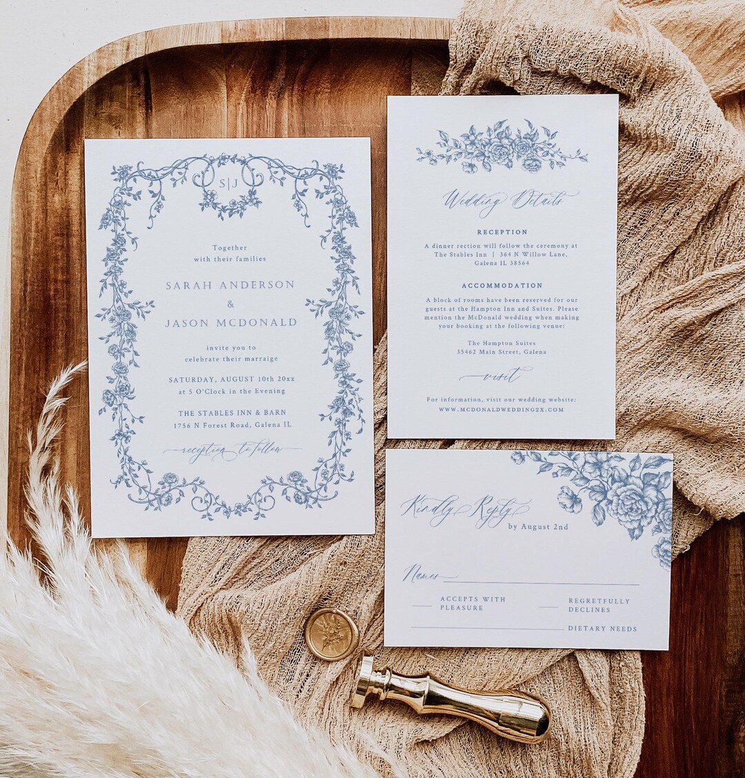 Dusty Blue Wedding Invitation Suite, Blue Toile Wedding Bundle ...