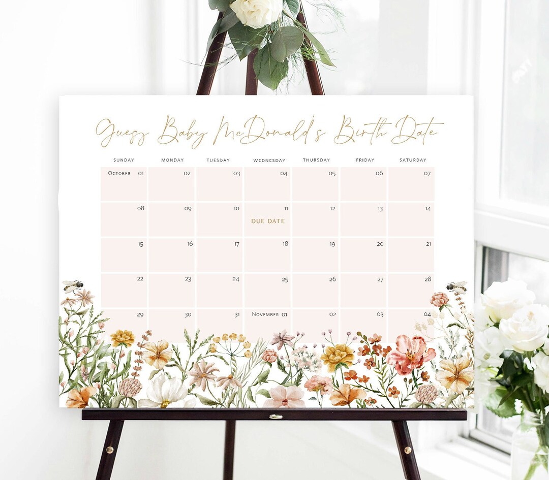 Wildflower Baby Due Date Calendar, Baby Shower Game, Guess Baby's ...