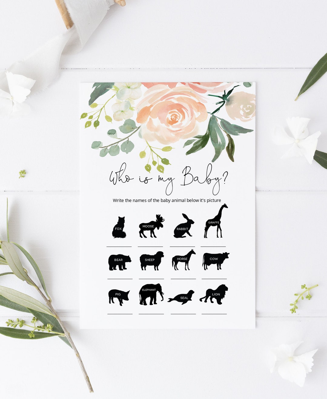 Baby Animal Names Baby Shower Game, Floral Baby Shower Games, Baby ...
