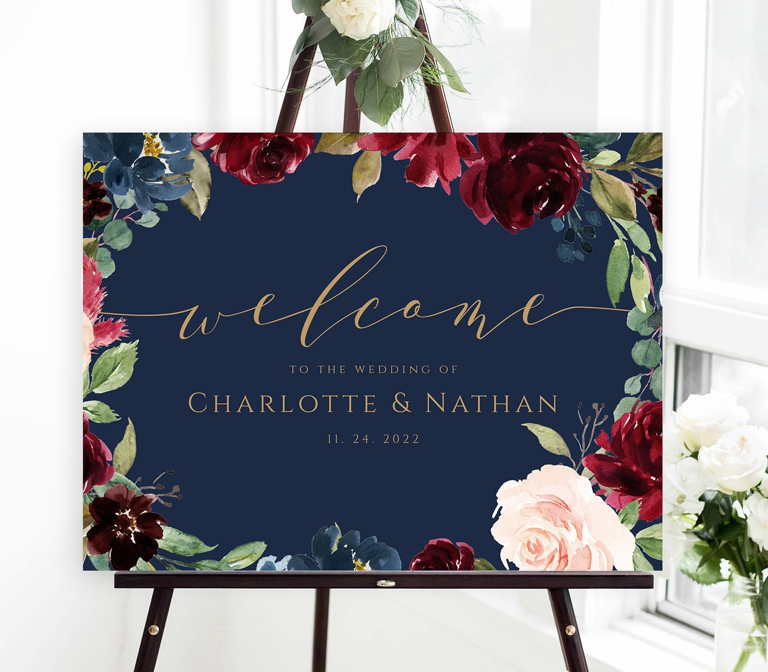 Navy Wedding Welcome Sign Printable Burgundy Welcome Poster | Etsy