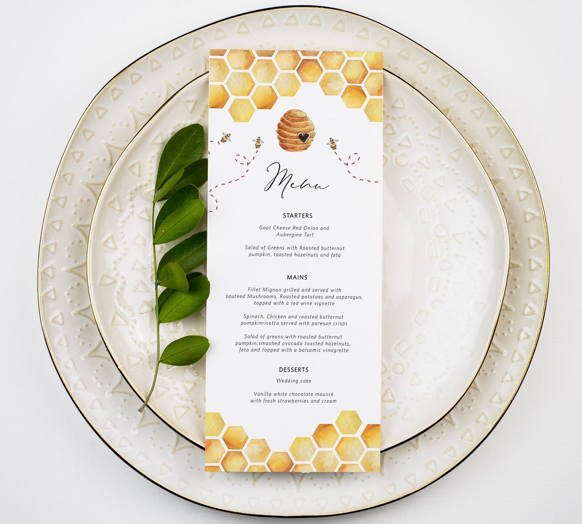 Bee Menu Card Honeybee Menu Template Party Menu Instant - Etsy