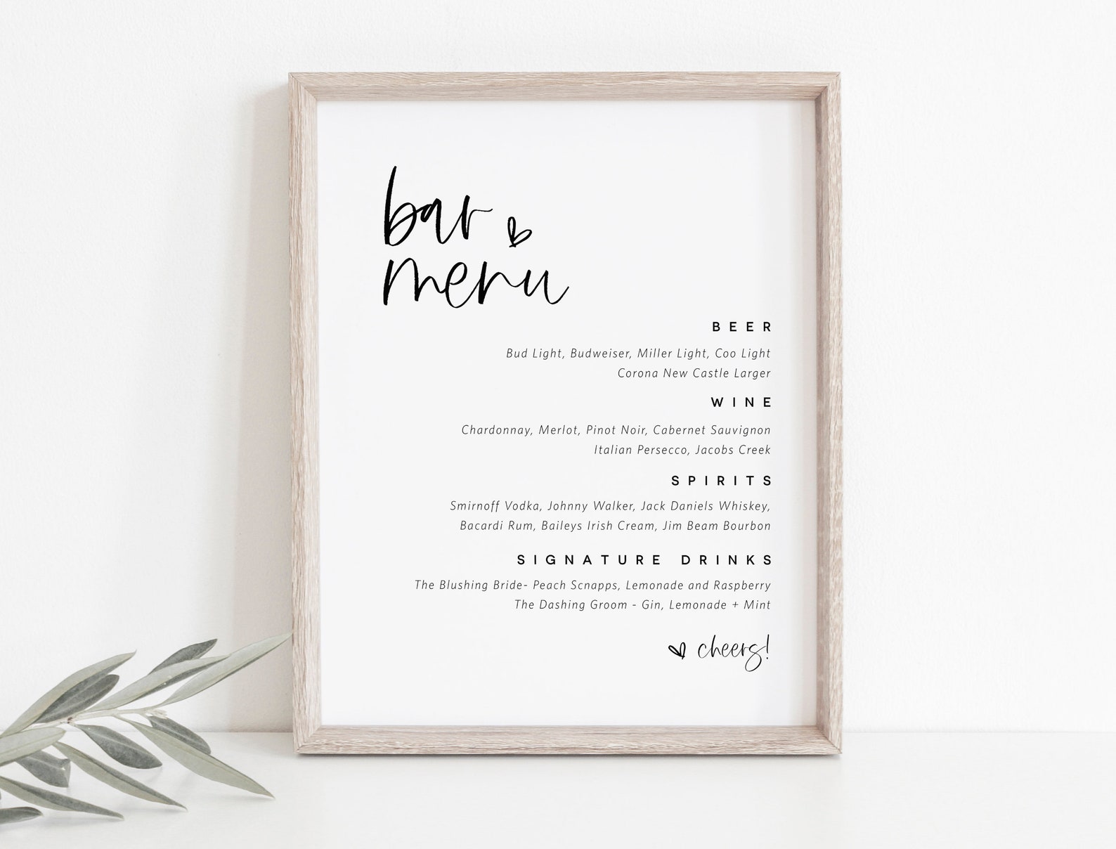 Wedding Bar Menu Sign, Printable Calligraphy Bar Menu Template, Modern ...