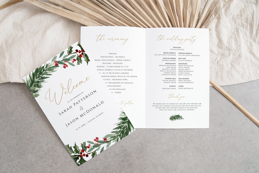 Christmas Wedding Program Template, Wedding Program Printable, Holiday ...