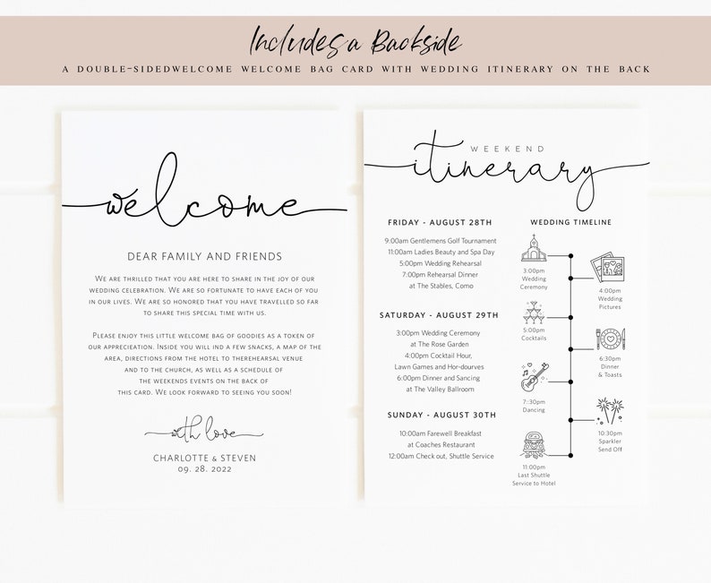 Welcome Letter & Timeline Card Script Wedding Order of | Etsy