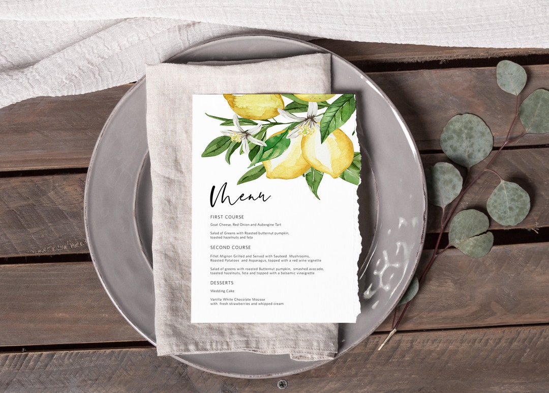 Lemon Menu Card, Citrus Menu Printable, Templett Menu, Menu Card, 5x7 ...