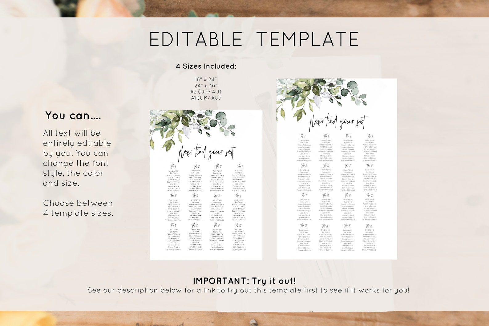 Seating Chart, Greenery Printable Seating Chart Template, Instant ...