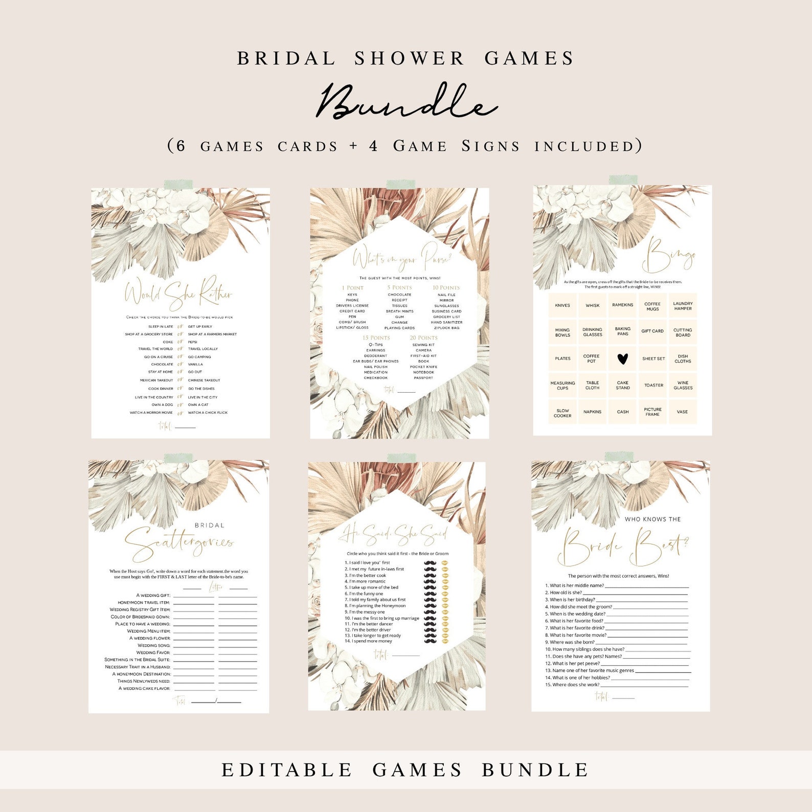 Boho Bridal Shower Game Bundle Pampas Bridal Shower Games | Etsy