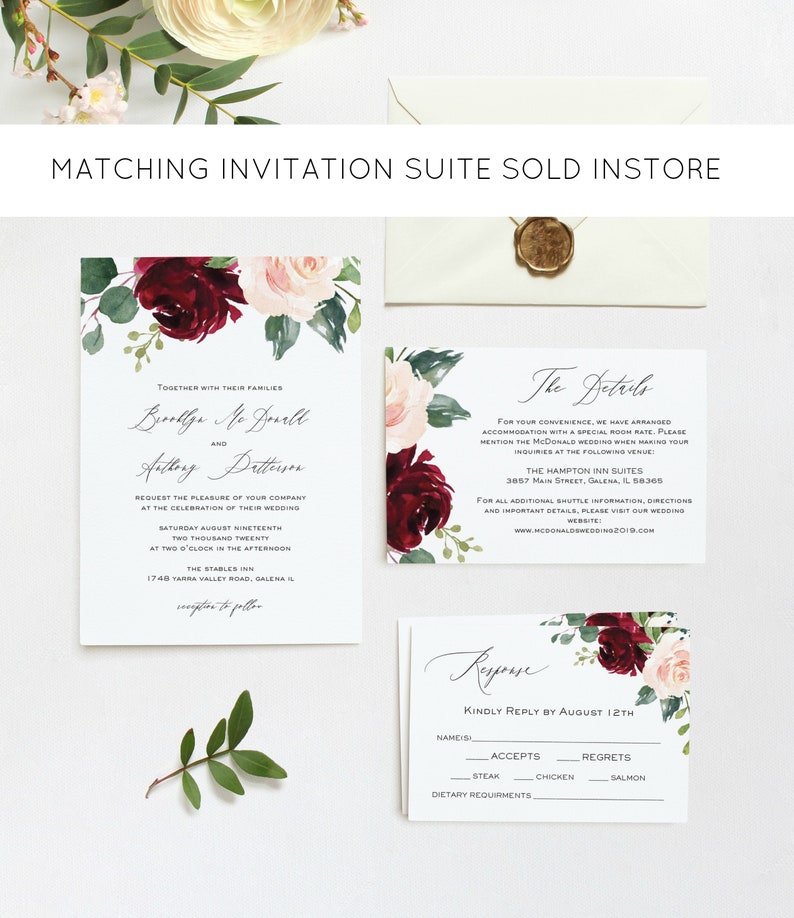 Burgundy Plac Card Template Printable Place Card Burgundy | Etsy