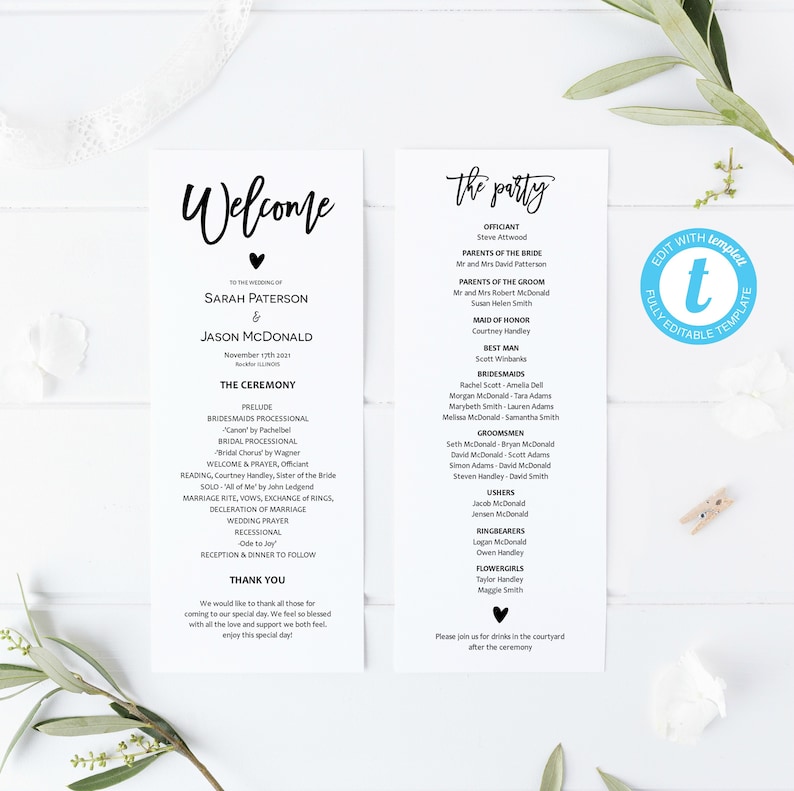 Wedding Ceremony Program Template Wedding Program Printable - Etsy