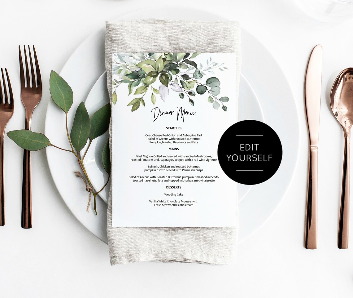 Greenery Menu Template Menu Card Printable Menu 5x7 Instant - Etsy