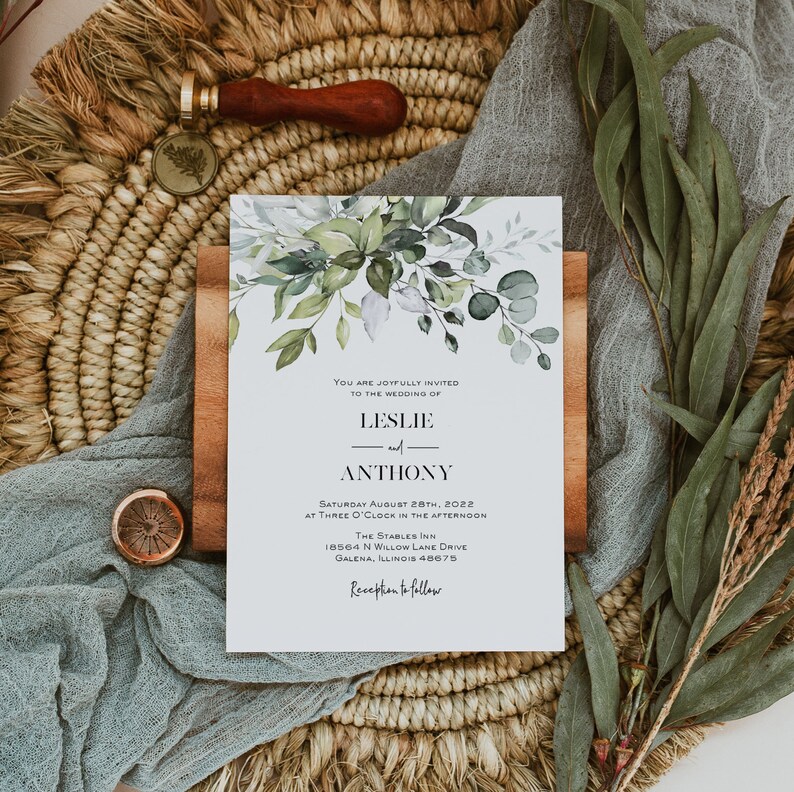 Greenery Wedding Invitation, Wedding Invitation, Printable Wedding ...