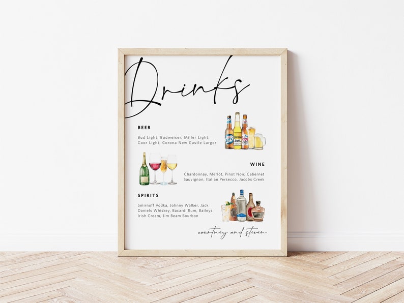 Calligraphy Drinks Sign, Printable Bar Menu Template, Editable Bar Sign ...