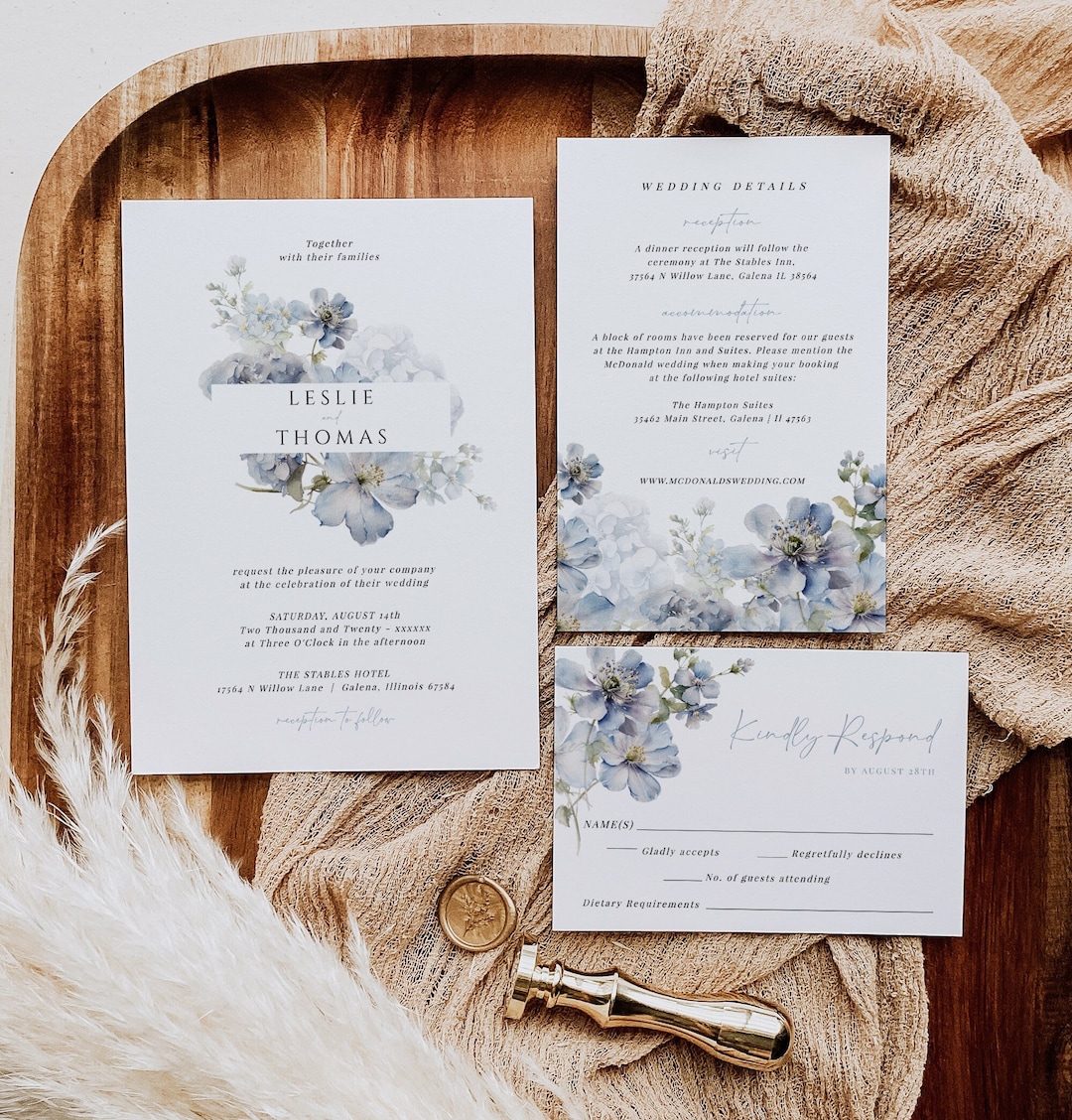 Dusty Blue Wedding Invitation Template, Printable Wedding Invitation ...